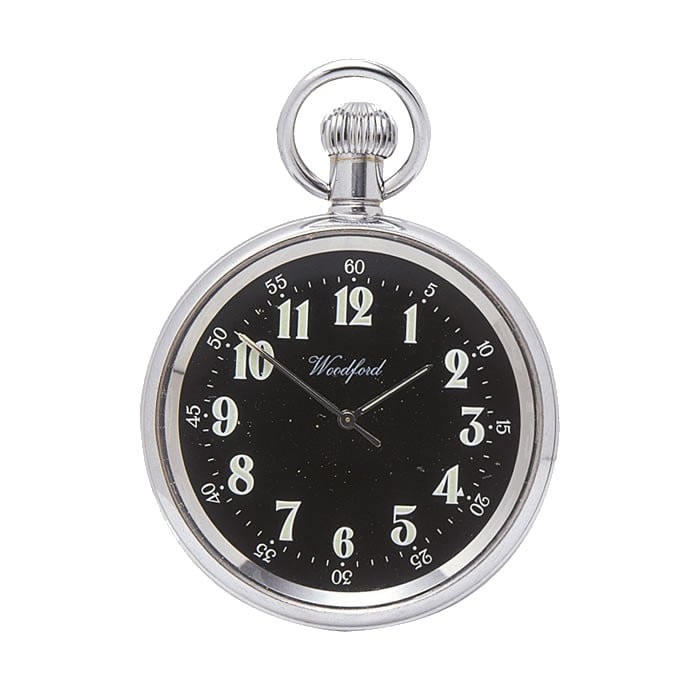 Chrome Black Face Spring Wound Pocket Watch With Chain